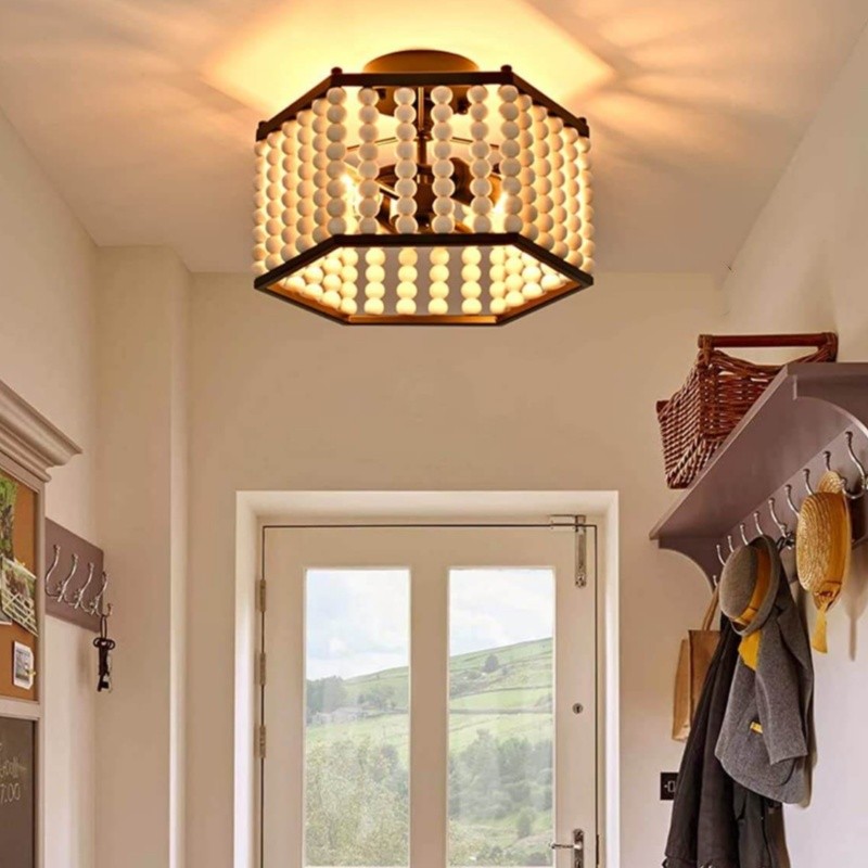 Rustic Hexagonal Wood Bead Ceiling Light |Ceiling Light| KiKi Lighting