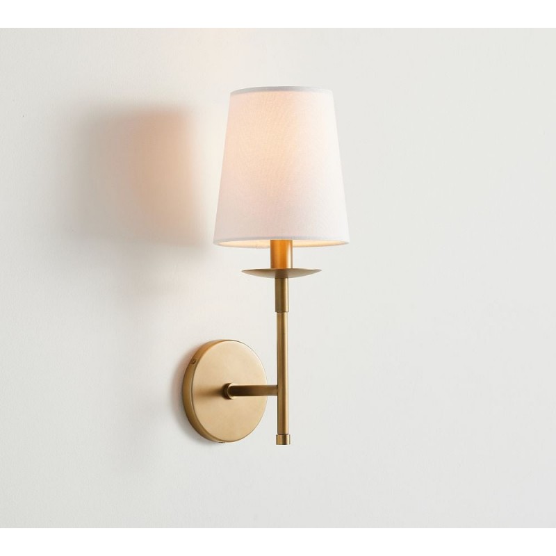Rowan Bronze or Brass Wall Sconce - Iron Light with White Linen Shade ...