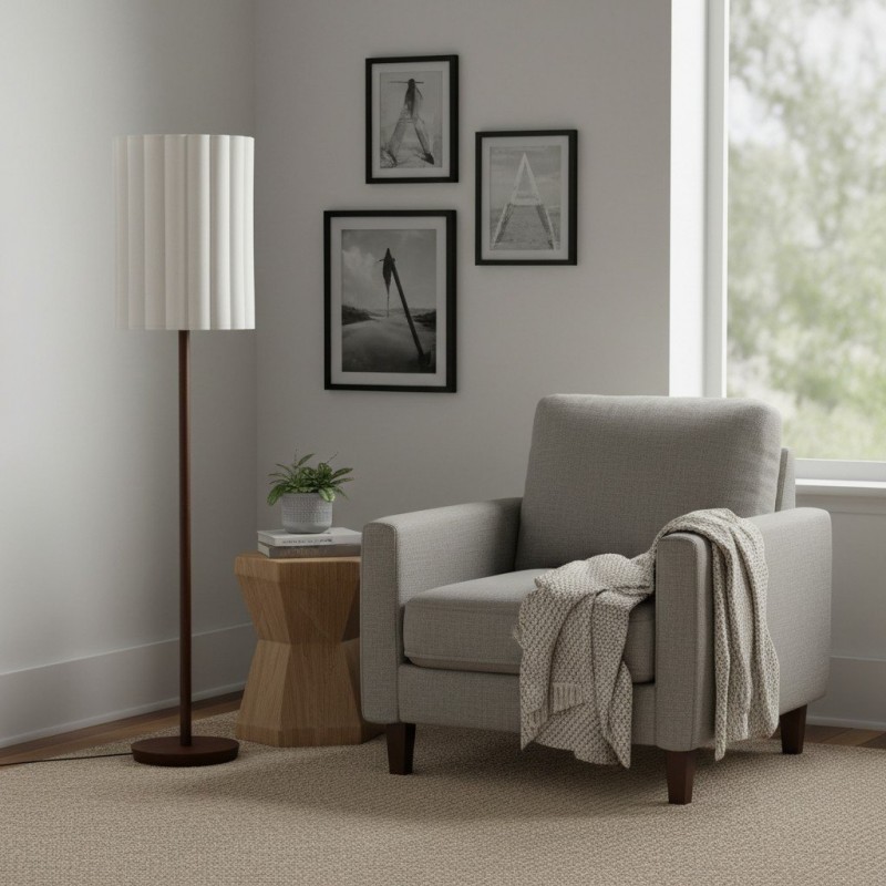 Linbron Walnut Wood Floor Lamp with Fluted Linen Shade - Modern Natural ...